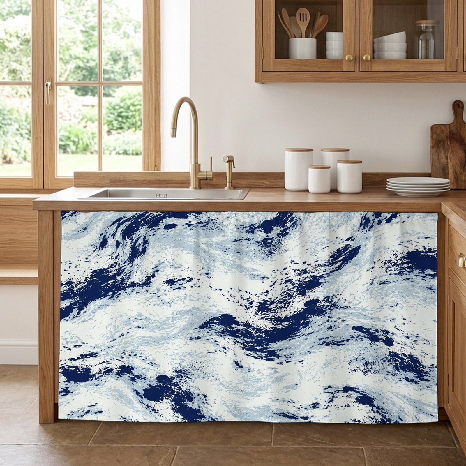 Blue Marble Waves Cabinet Curtains 32" W x 55" L, Modern Abstract Art ...