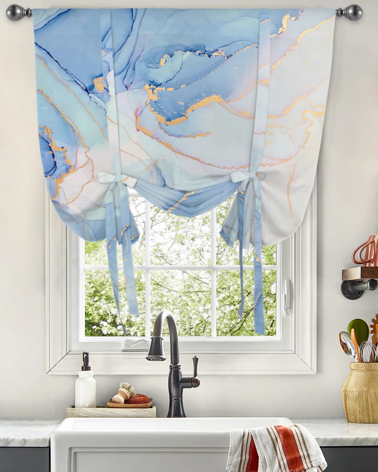 Blue Marble Window Curtain Tie Up Curtains for Kitchen Living Room ...