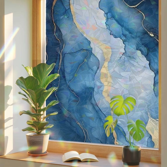 Blue Marble Window Privacy Film, Gradient Golden Texture Fluid Abstract ...