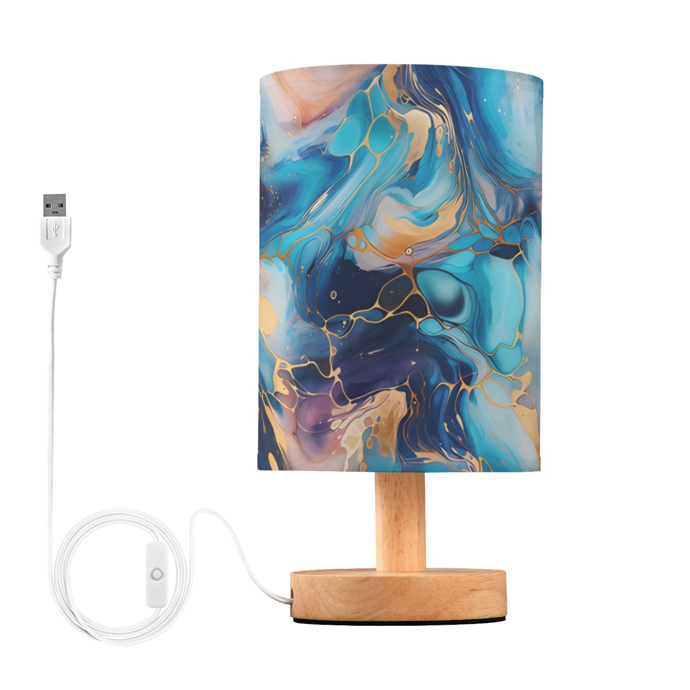 Blue Marble with Golden Bedside Table Lamp LED Warm Lights with USB ...