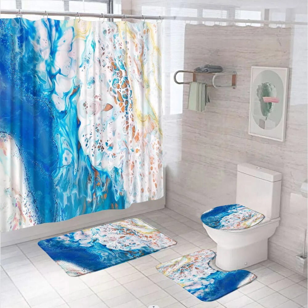 Blue Marbling Textile Bathroom Curtain Set With Hook Abstract Art ...