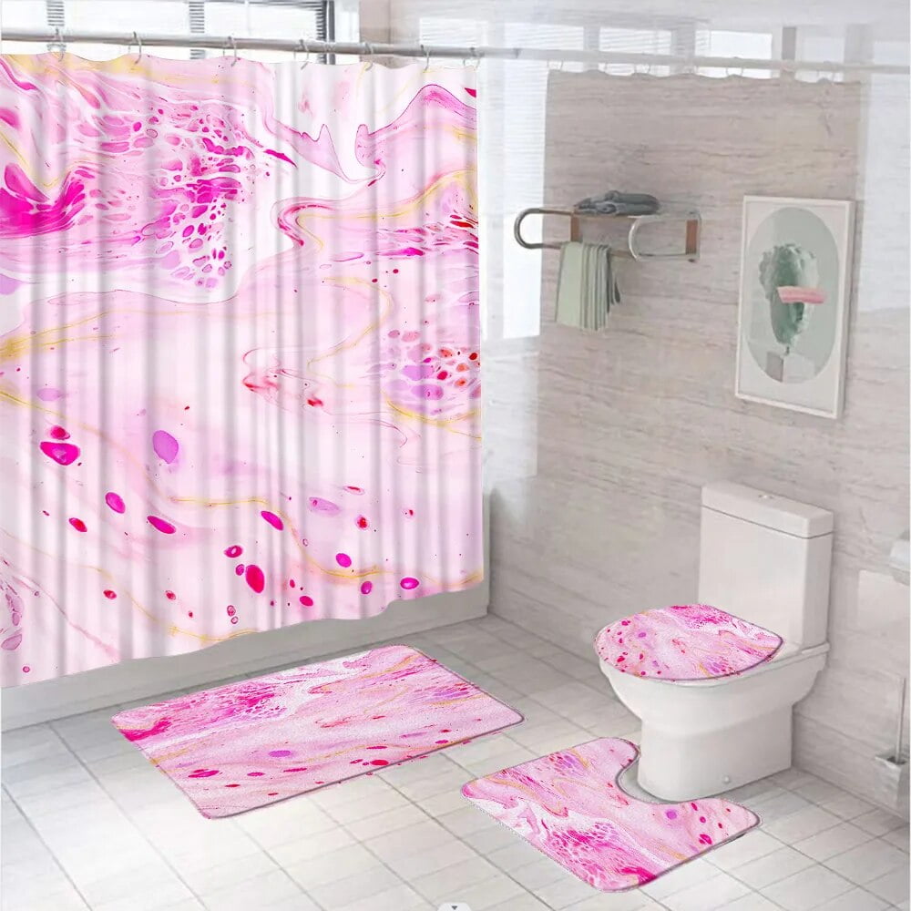 Blue Marbling Textile Bathroom Curtain Set With Hook Abstract Art Geometry Shower Curtain Bath ...
