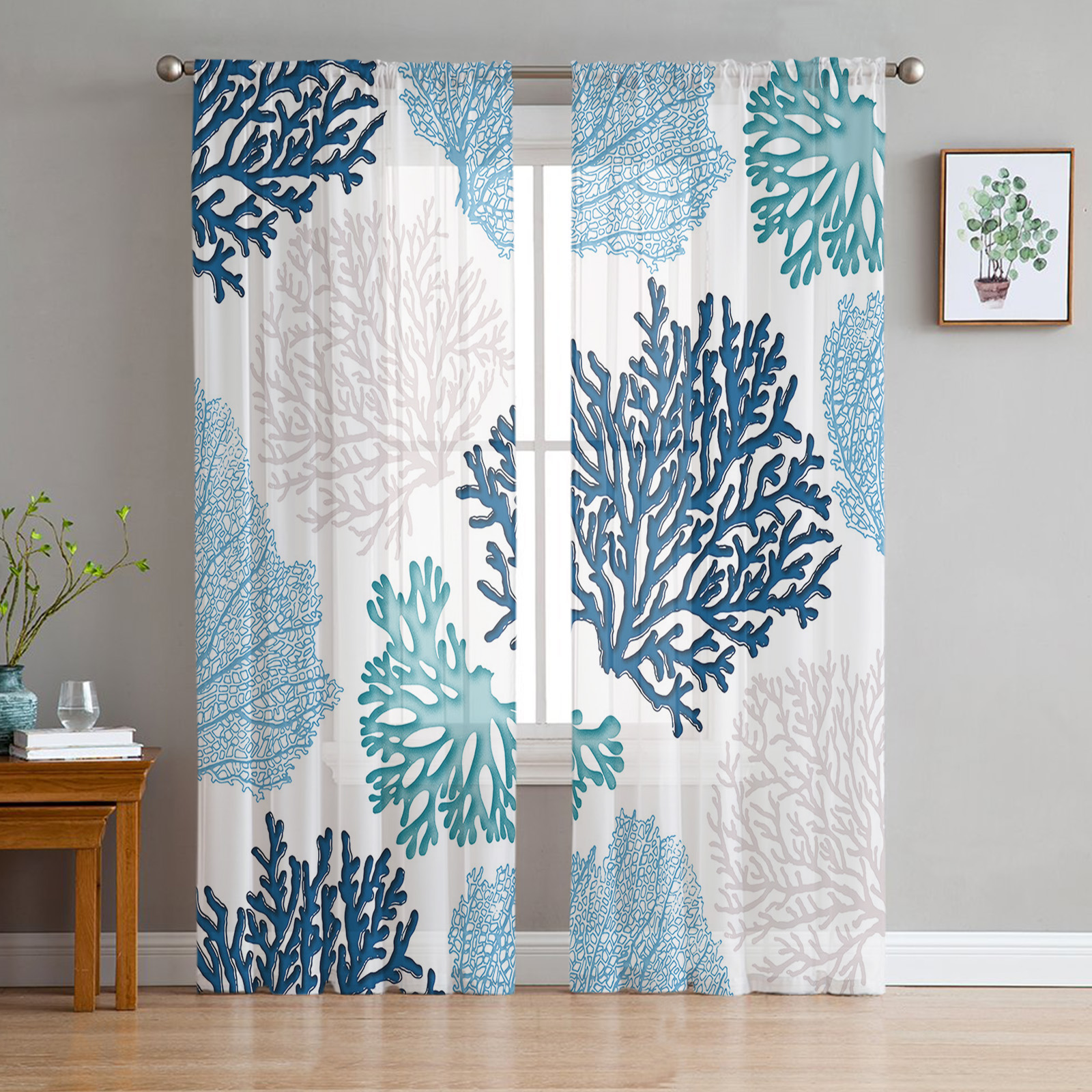 Blue Marine Coral Sheer Curtains for Living Room ration Window Curtains ...