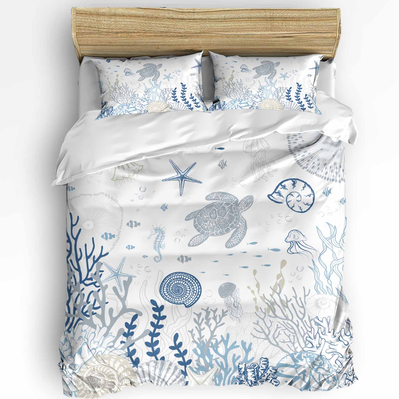 Blue Marine Coral Shells Star 3pcs Duvet Cover Set with Pillow Case ...