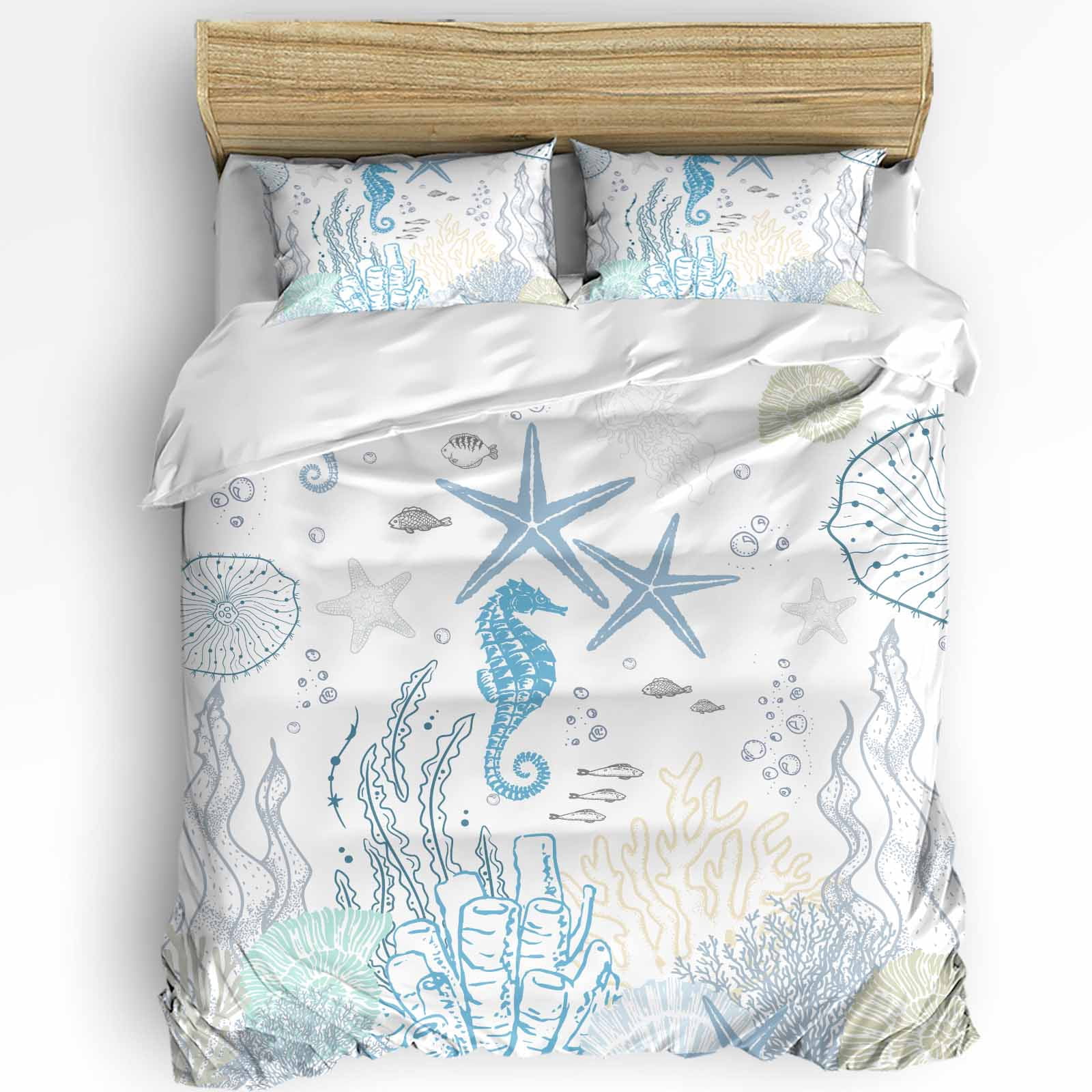 Blue Marine Coral Shells Star 3pcs Duvet Cover Set with Pillow Case ...