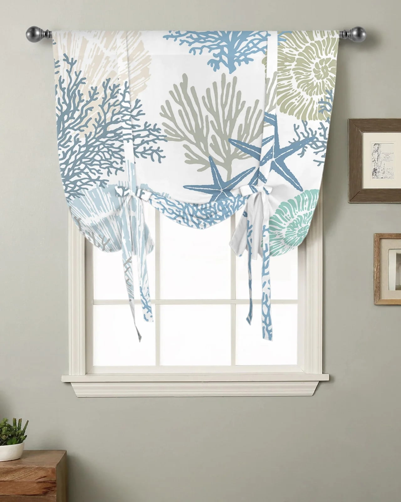 Blue Marine Coral Shells Star Kitchen Short Window Curtain Rod Pocket ...