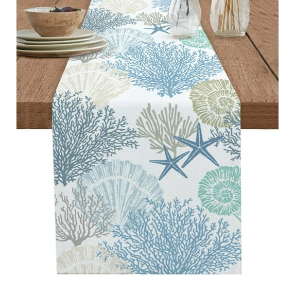 Blue Marine Coral Shells Star Linen Table Runner Kitchen Table ration ...