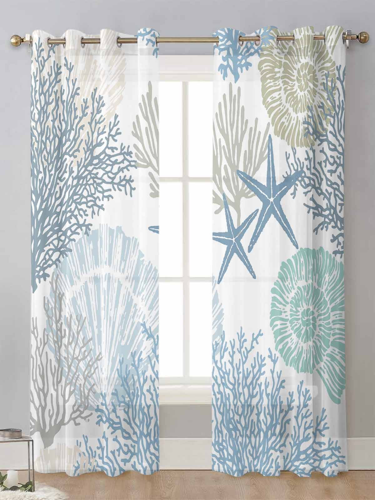 Blue Marine Coral Shells Star Sheer Curtains For Living Room Window ...