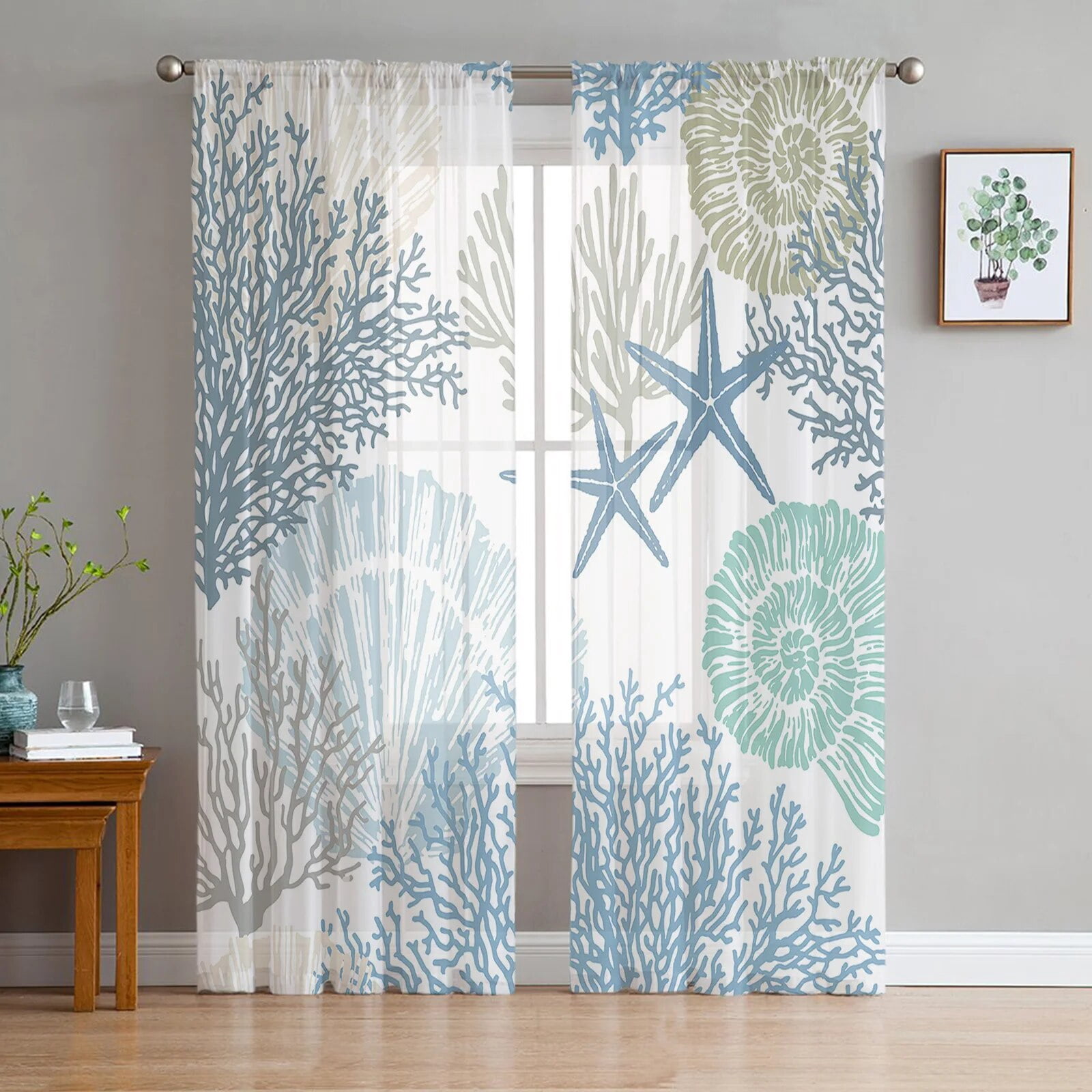 Blue Marine Coral Shells Star Tulle Curtains Living Room Kitchen ration ...