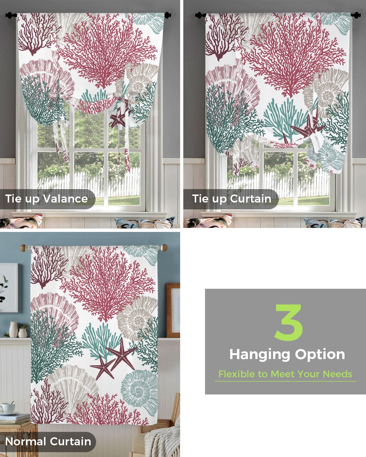 Blue Marine Coral Shells Star Window Curtains Tie Up Curtains for ...