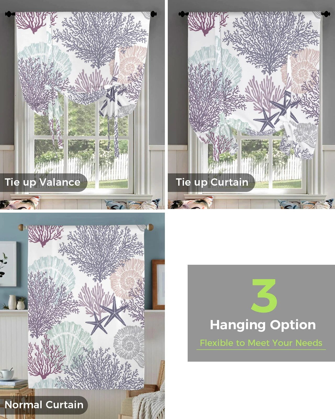 Blue Marine Coral Shells StarWindow Curtains Tie Up Curtains for Kitchen Living Room Adjustable ...