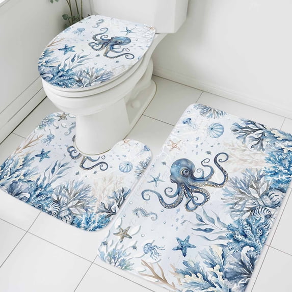 Blue Marine Life Bathroom Rugs Set Ocean Octopus Coral Sea Star ...