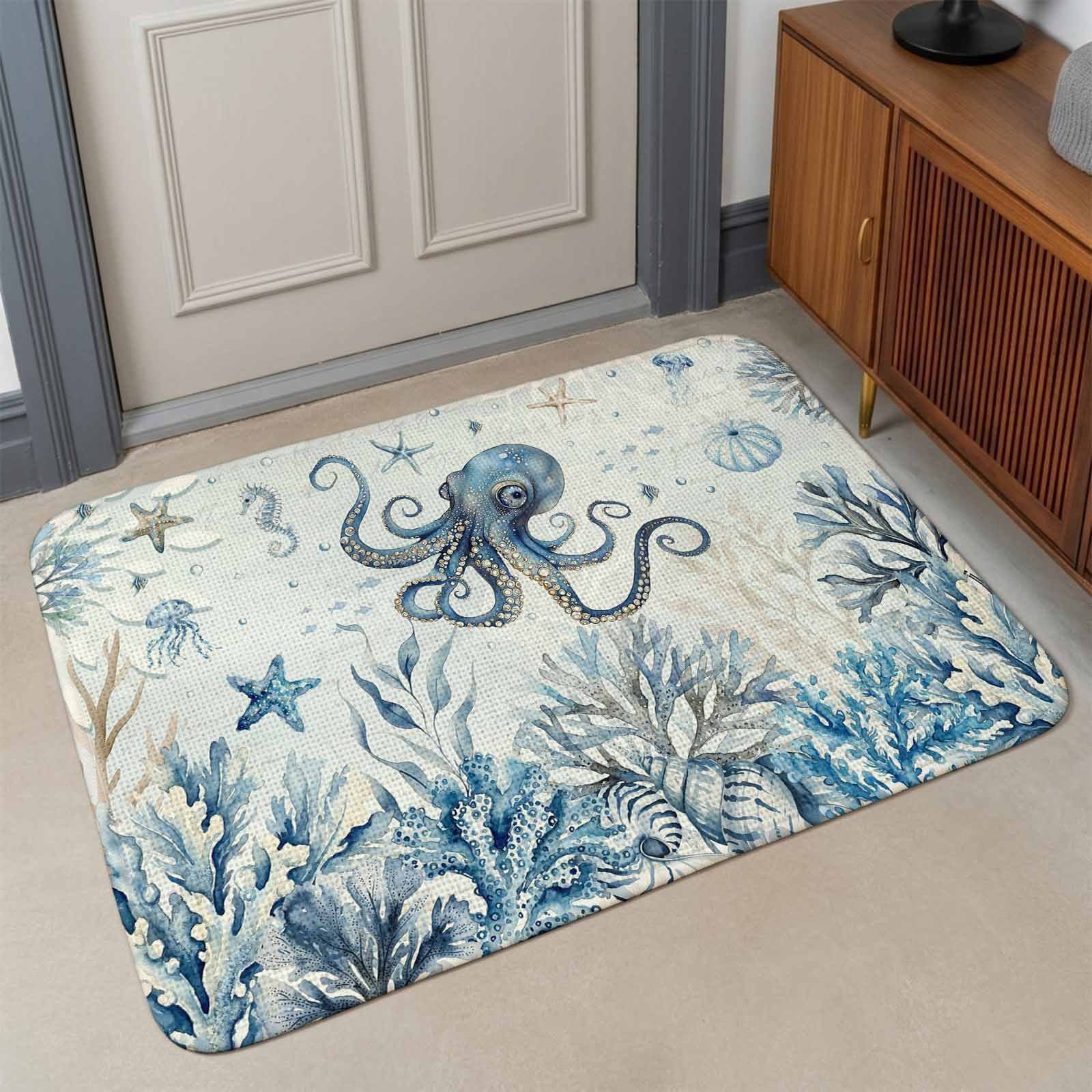 Blue Marine Life Front Door Mat Indoor Entrance, Ocean Octopus Coral ...