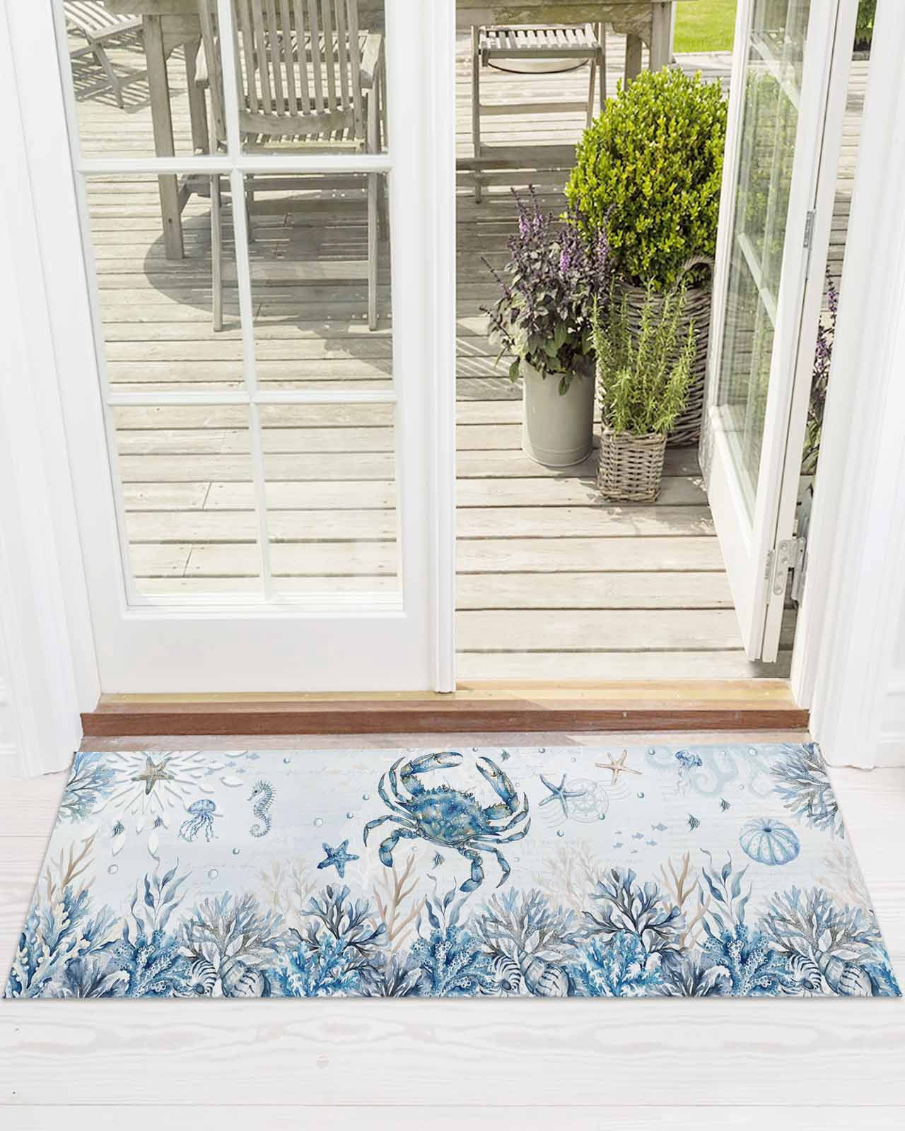 Blue Marine Life Front Door Mat Ocean Crab Coral Sea Star Seashell ...