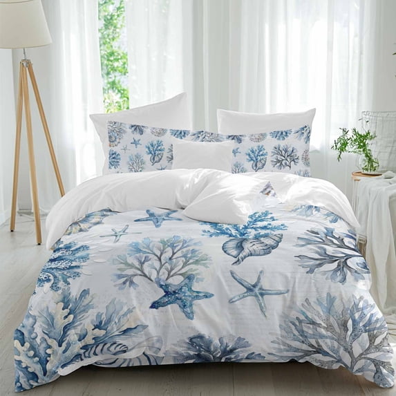 Blue Marine Life Full Size Comforter Set, Ocean Coral Sea Star ...