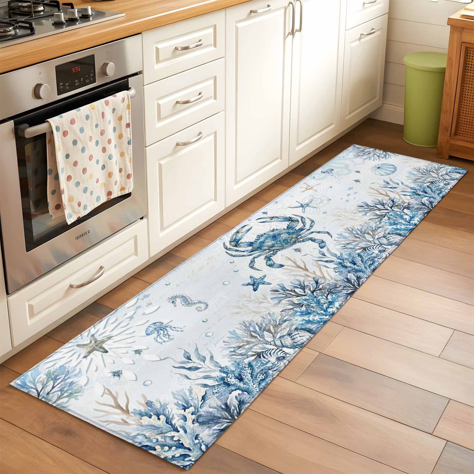 Blue Marine Life Hallway Washable Runner Rug 2x6 Ocean Crab Coral Sea ...
