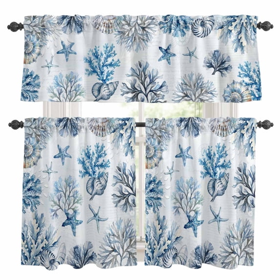 Blue Marine Life Kitchen Curtains Set for Windows, Ocean Coral Sea Star ...