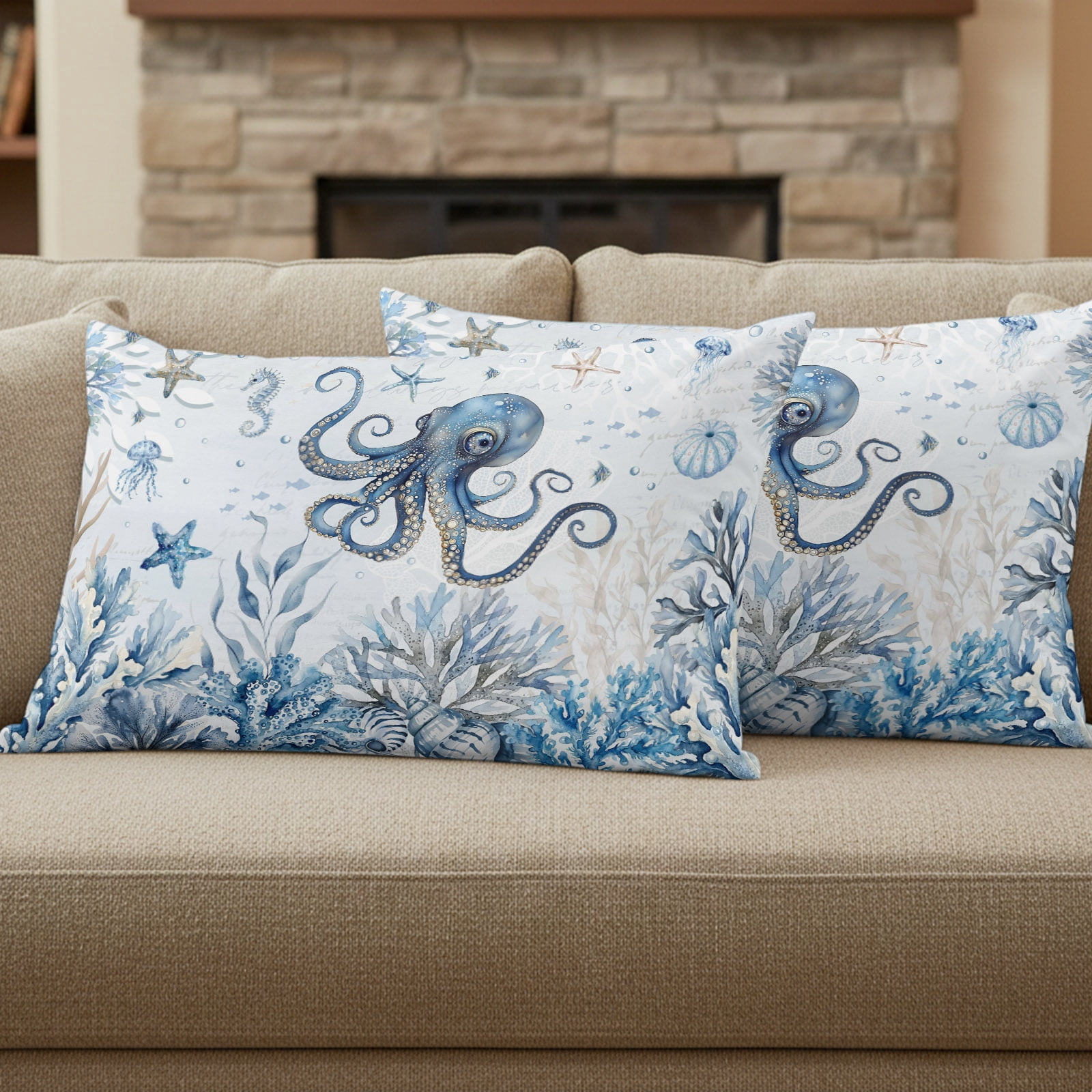 Blue Marine Life Pillow Covers Set of 2, Ocean Octopus Coral Sea Star ...
