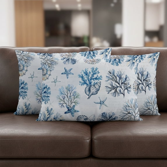 Blue Marine Life Pillow Covers Set of 4, Ocean Coral Sea Star Shellfish ...