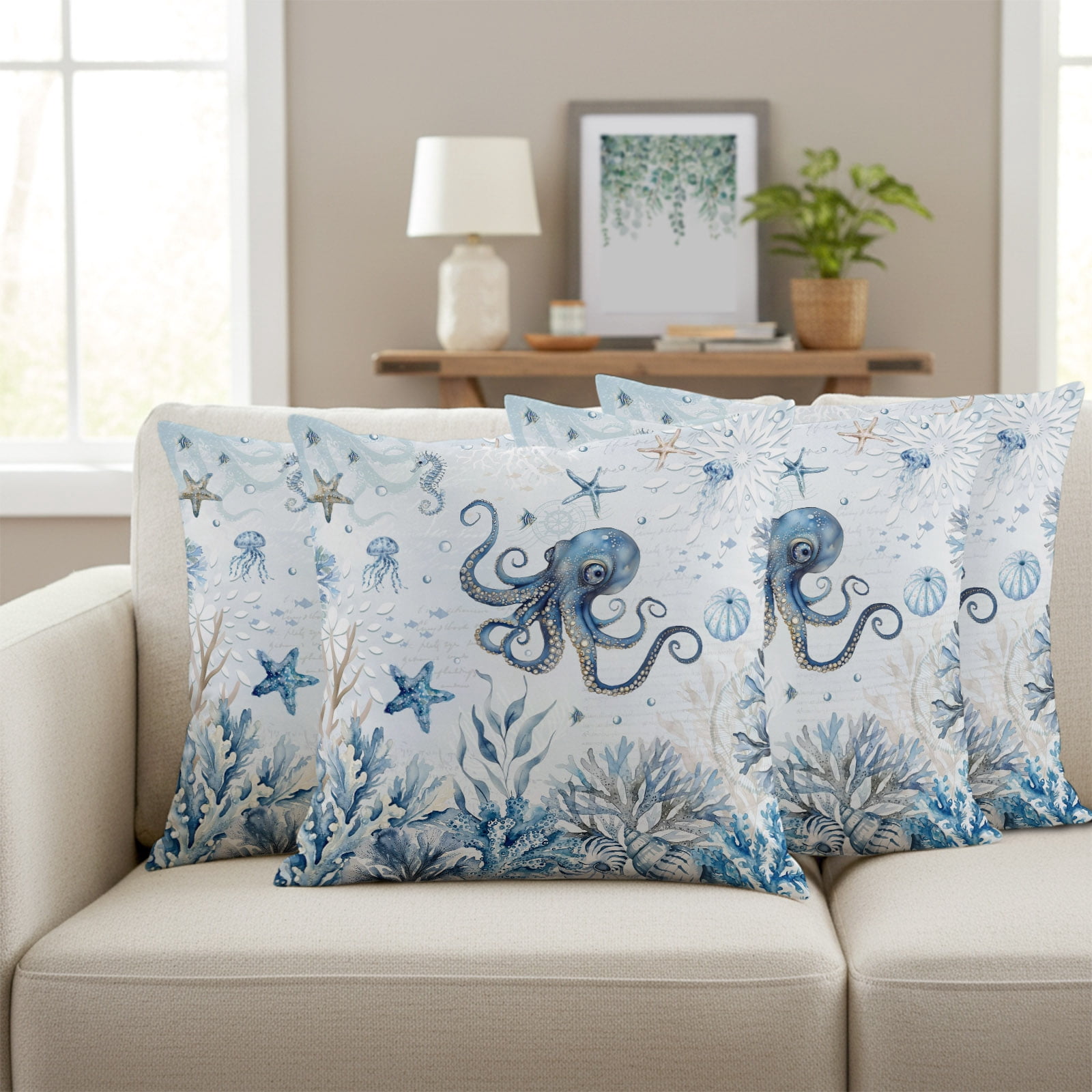 Blue Marine Life Pillow Covers Set of 4, Ocean Octopus Coral Sea Star ...
