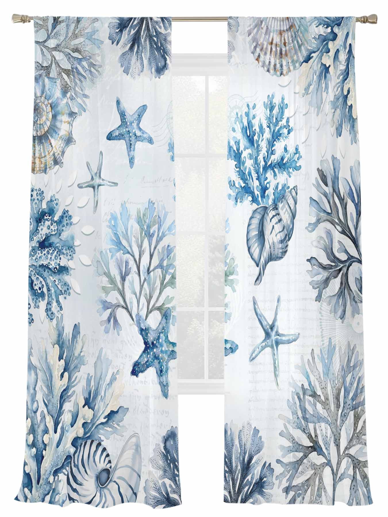 Blue Marine Life Sheer Curtains 2 Panels Set Ocean Coral Sea Star ...