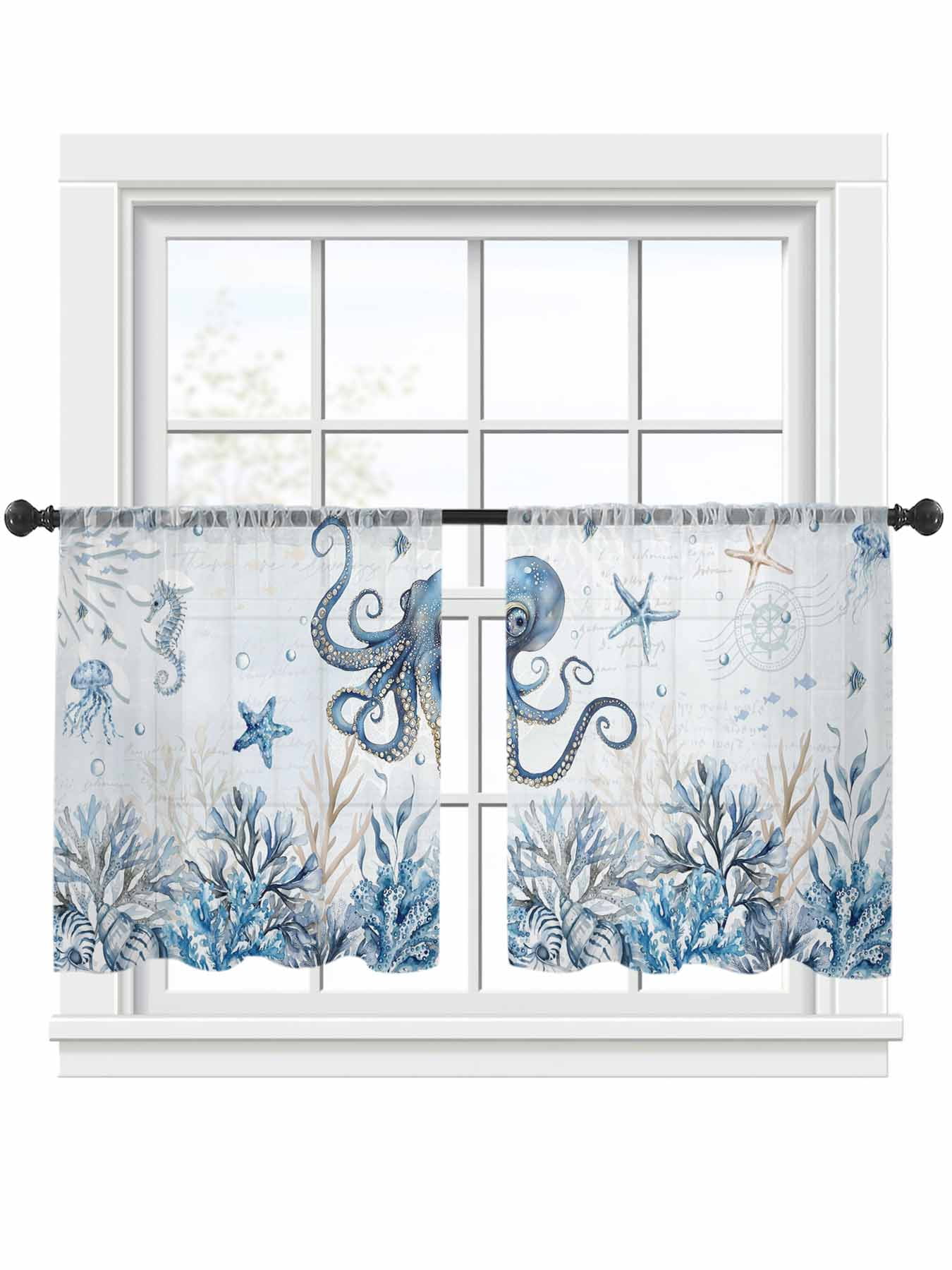 Blue Marine Life Sheer Curtains 2 Panels Set Ocean Octopus Coral Sea ...