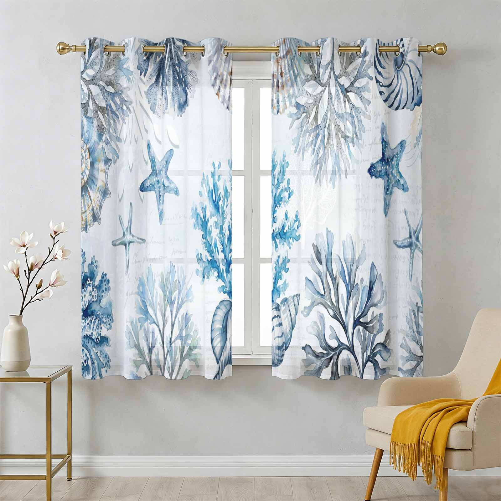 Blue Marine Life Sheer Curtains 45 Inch Long 2 Panels, Ocean Coral Sea ...
