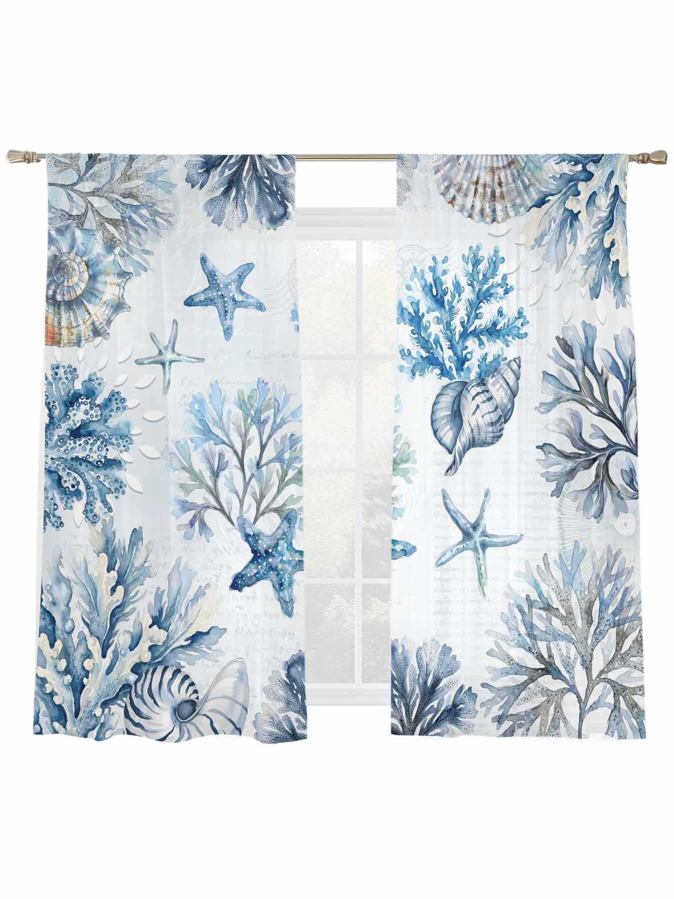 Blue Marine Life Sheer Curtains 63 Inch Long 2 Panels, Ocean Coral Sea ...