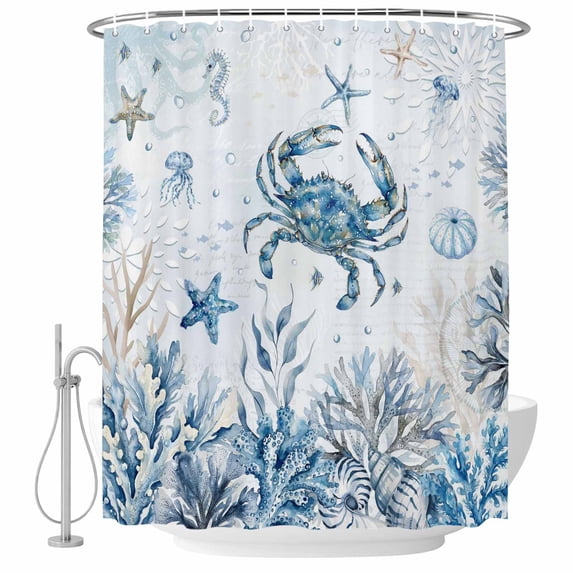 Blue Marine Life Shower Curtain for Bathroom, Ocean Crab Coral Sea Star ...