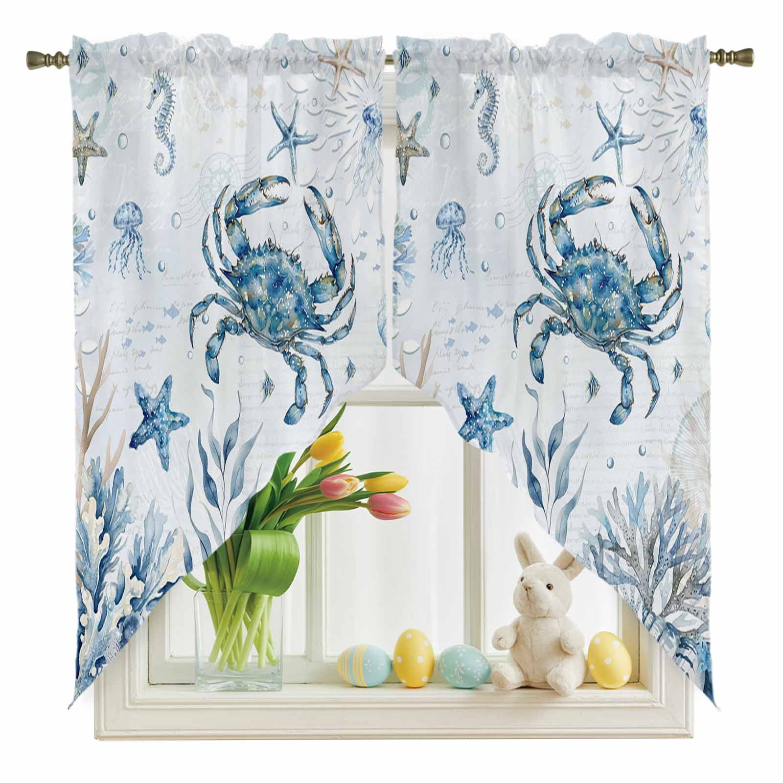 Blue Marine Life Swag Kitchen Curtain Valances, Ocean Crab Coral Sea ...