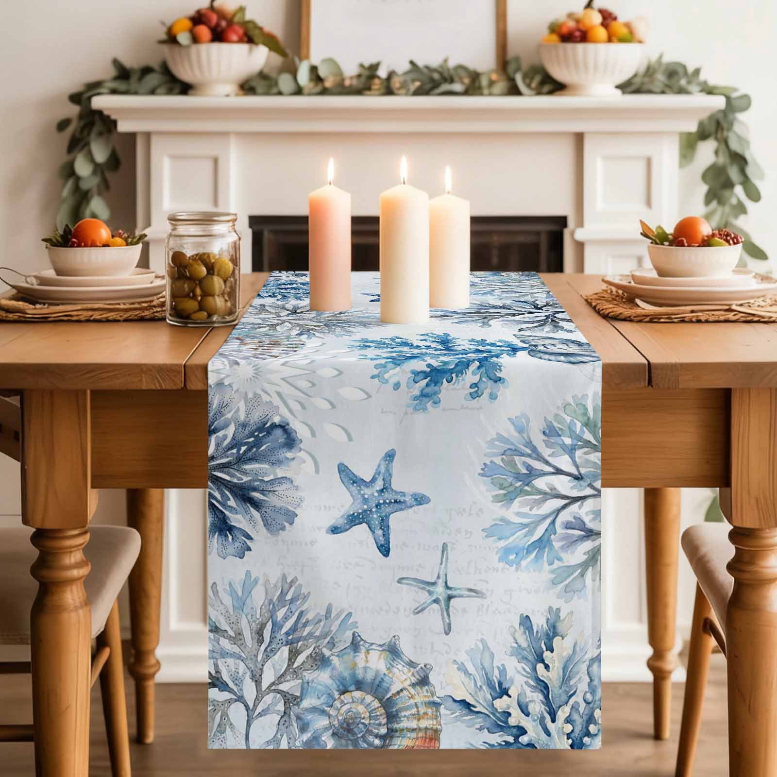 Blue Marine Life Table Runner, Ocean Coral Sea Star Shellfish Seashell ...