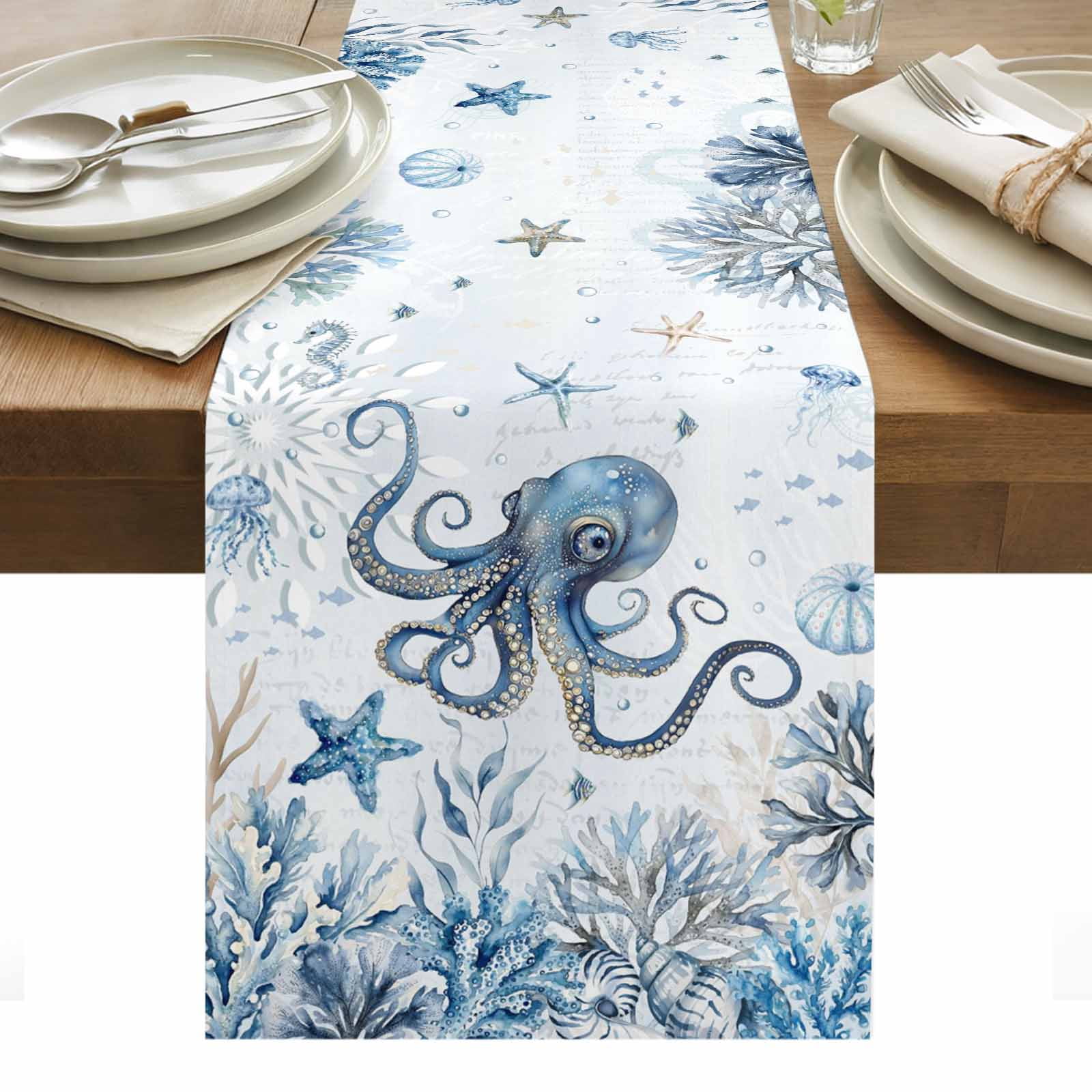 Blue Marine Life Table Runner Ocean Octopus Coral Sea Star Seashell ...