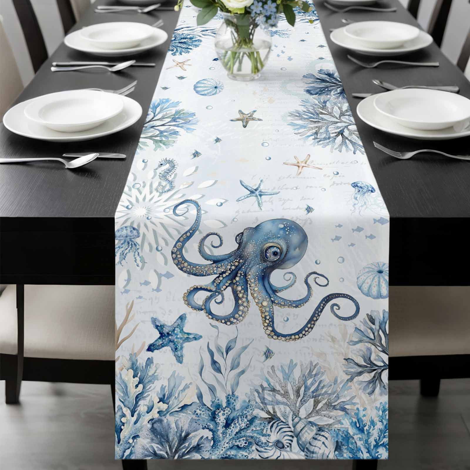 Blue Marine Life Table Runner, Ocean Octopus Coral Sea Star Seashell ...