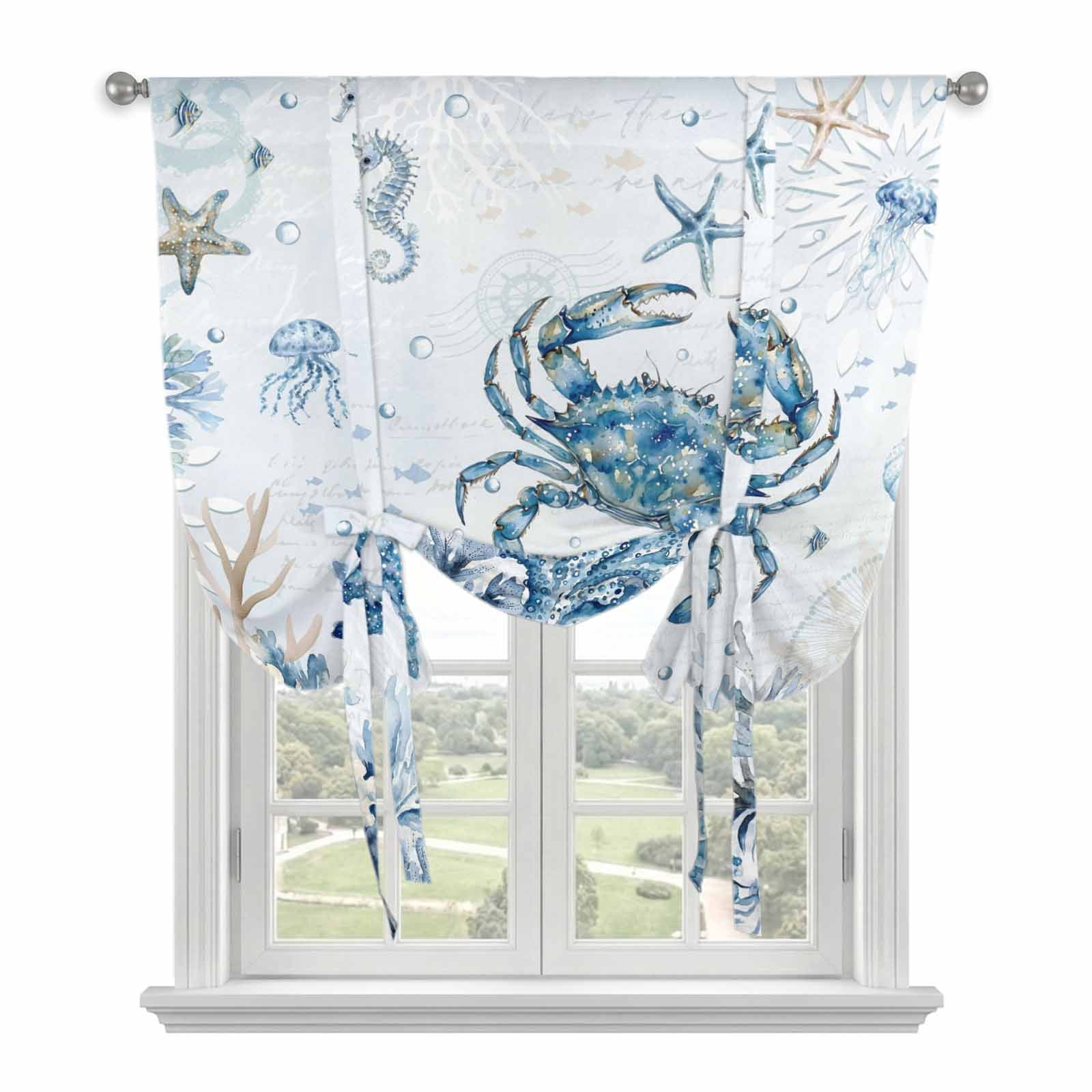 Blue Marine Life Tie Up Curtain for Window, Ocean Crab Coral Sea Star ...