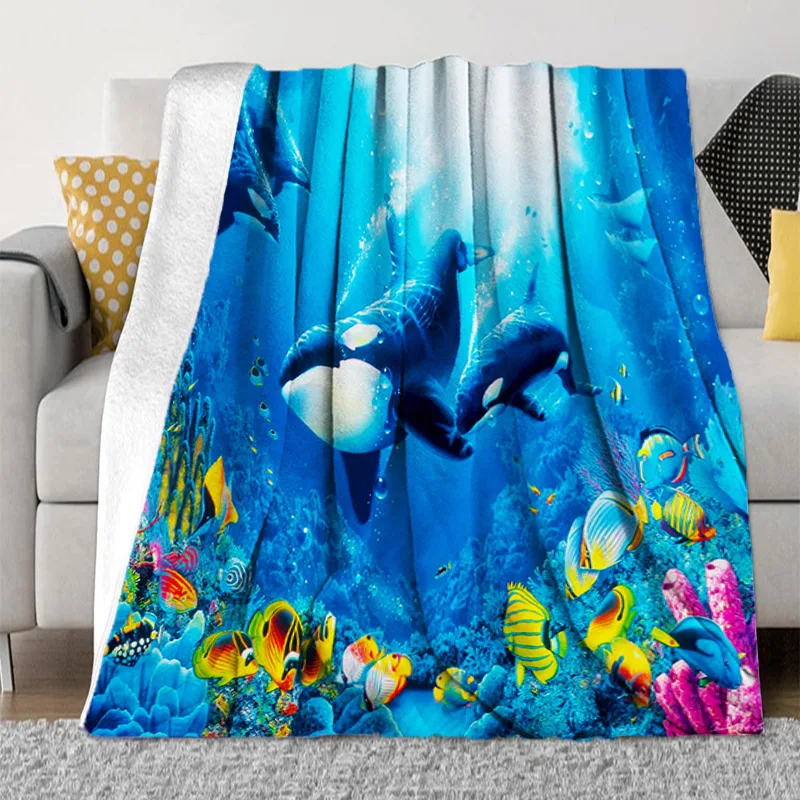 Blue Marine Life Undersea World Pattern Flannel Throw Blanket Soft Warm ...