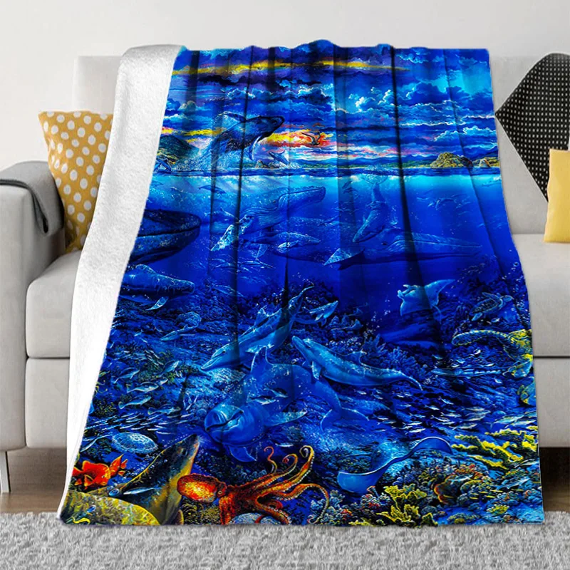 Blue Marine Life Undersea World Pattern Flannel Throw Blanket Soft Warm ...