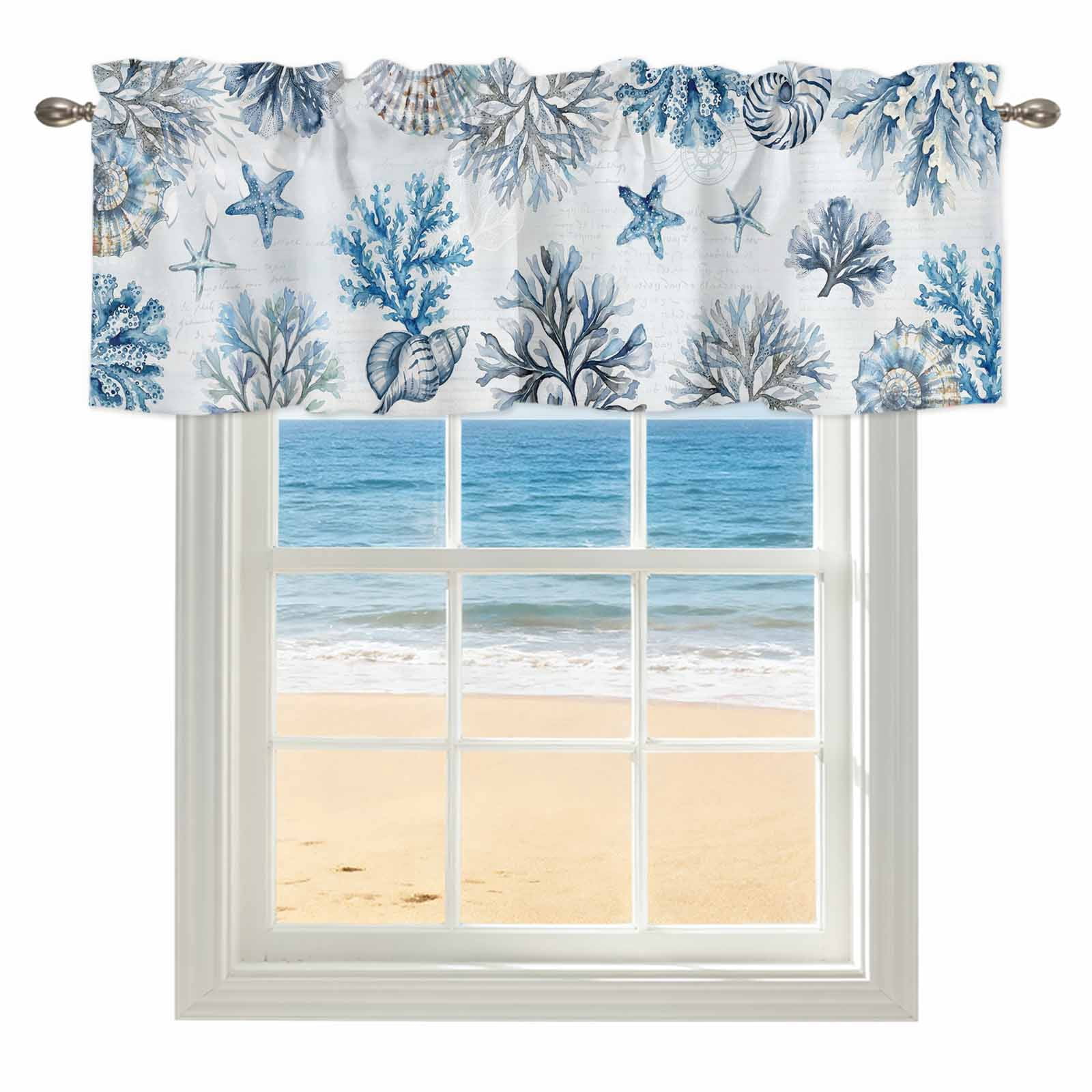 Blue Marine Life Window Valance for Kitchen, Ocean Coral Sea Star ...