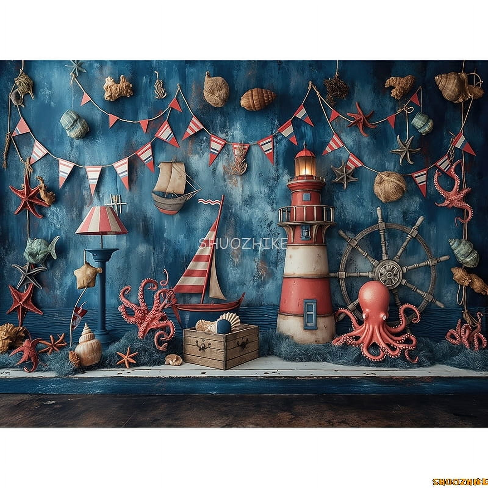 Blue Marine Wall Star Sailboat Photography Backdrops Birthday Party r ...