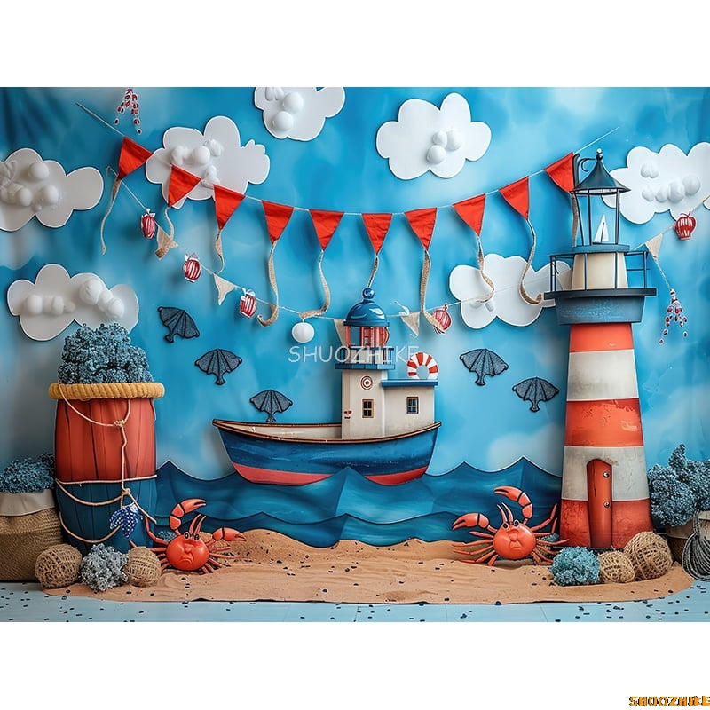 Blue Marine Wall Star Sailboat Photography Backdrops Birthday Party r ...
