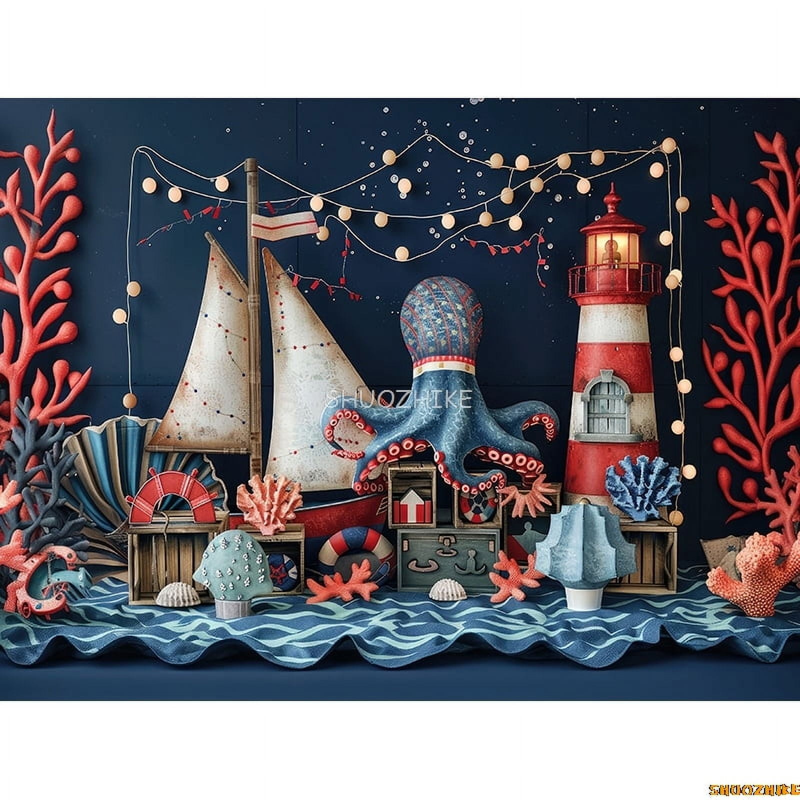 Blue Marine Wall Star Sailboat Photography Backdrops Birthday Party r ...