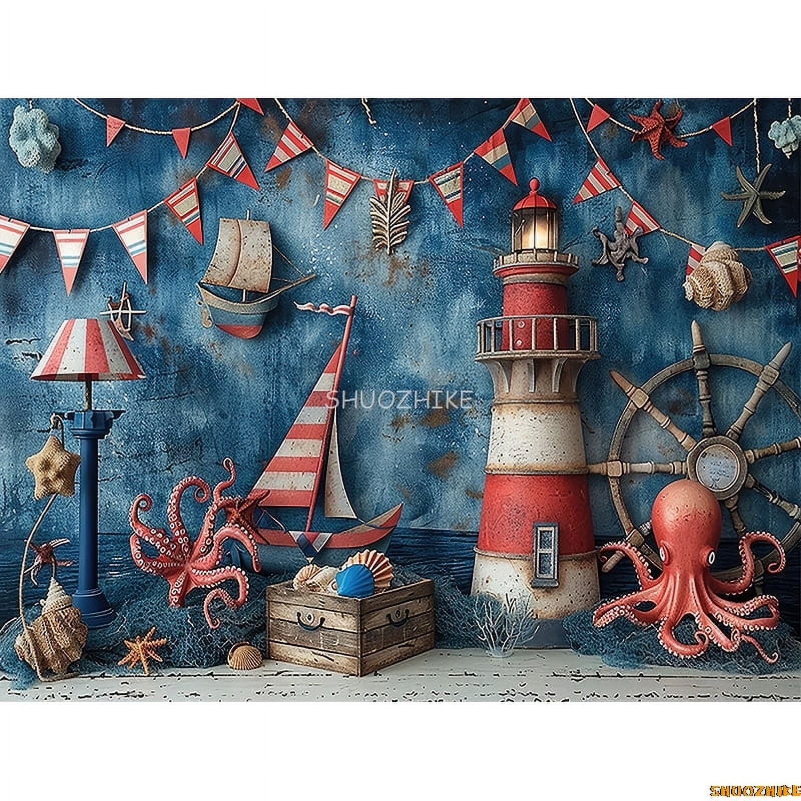 Blue Marine Wall Star Sailboat Photography Backdrops Birthday Party r ...
