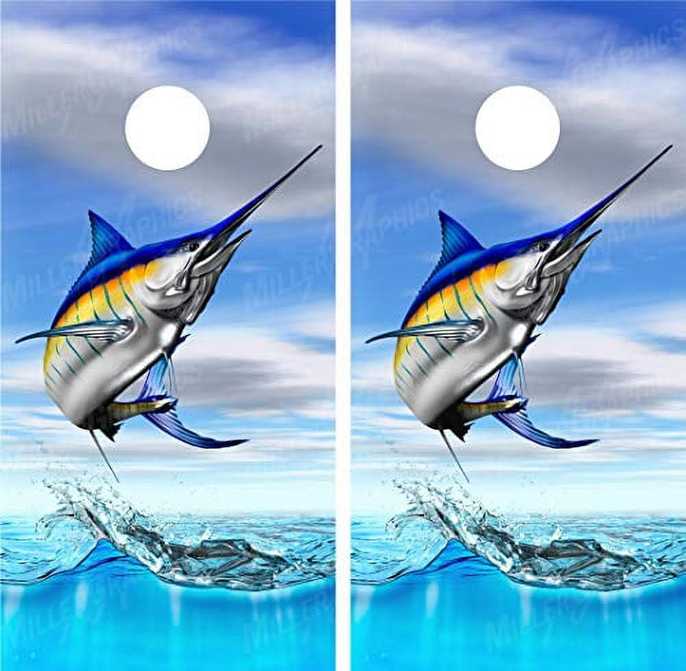 Blue Marlin Jumping Out of Water Fishing Laminated Cornhole Board Decal ...