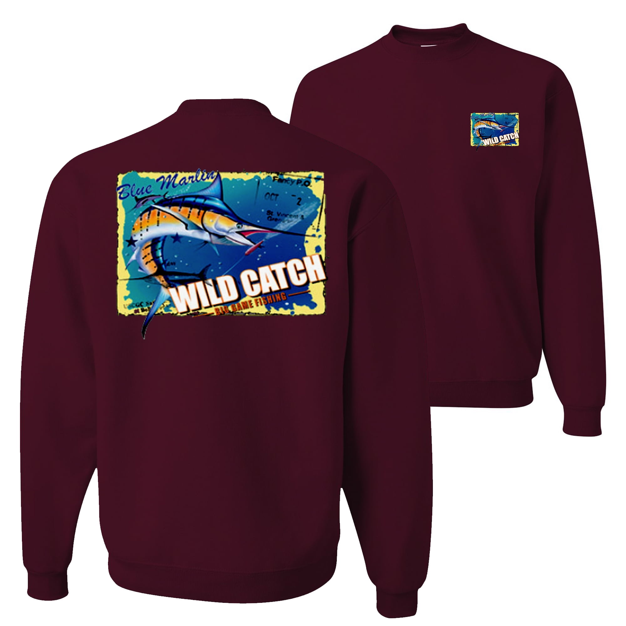 Blue Marlin Wild Catch Fishing Lovers FRONT AND BACK Mens Crew Neck ...