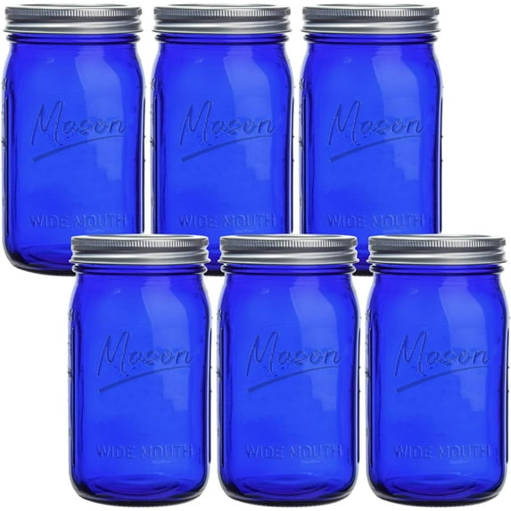 Blue Mason Jars 32 oz,6 Pack Wide Mouth Colored Quart Canning Jars with ...