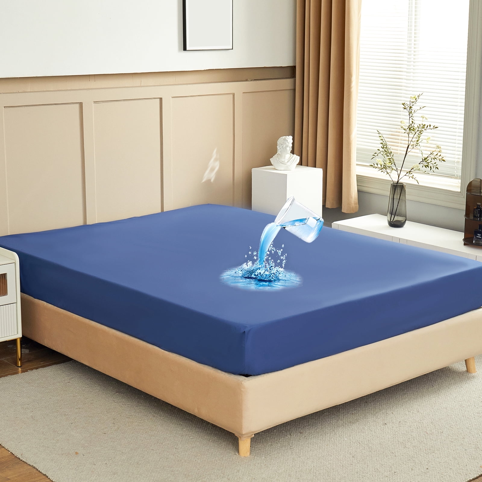 Blue Mattress Protector Waterproof Bed Cover Queen Size Mattress Pad ...