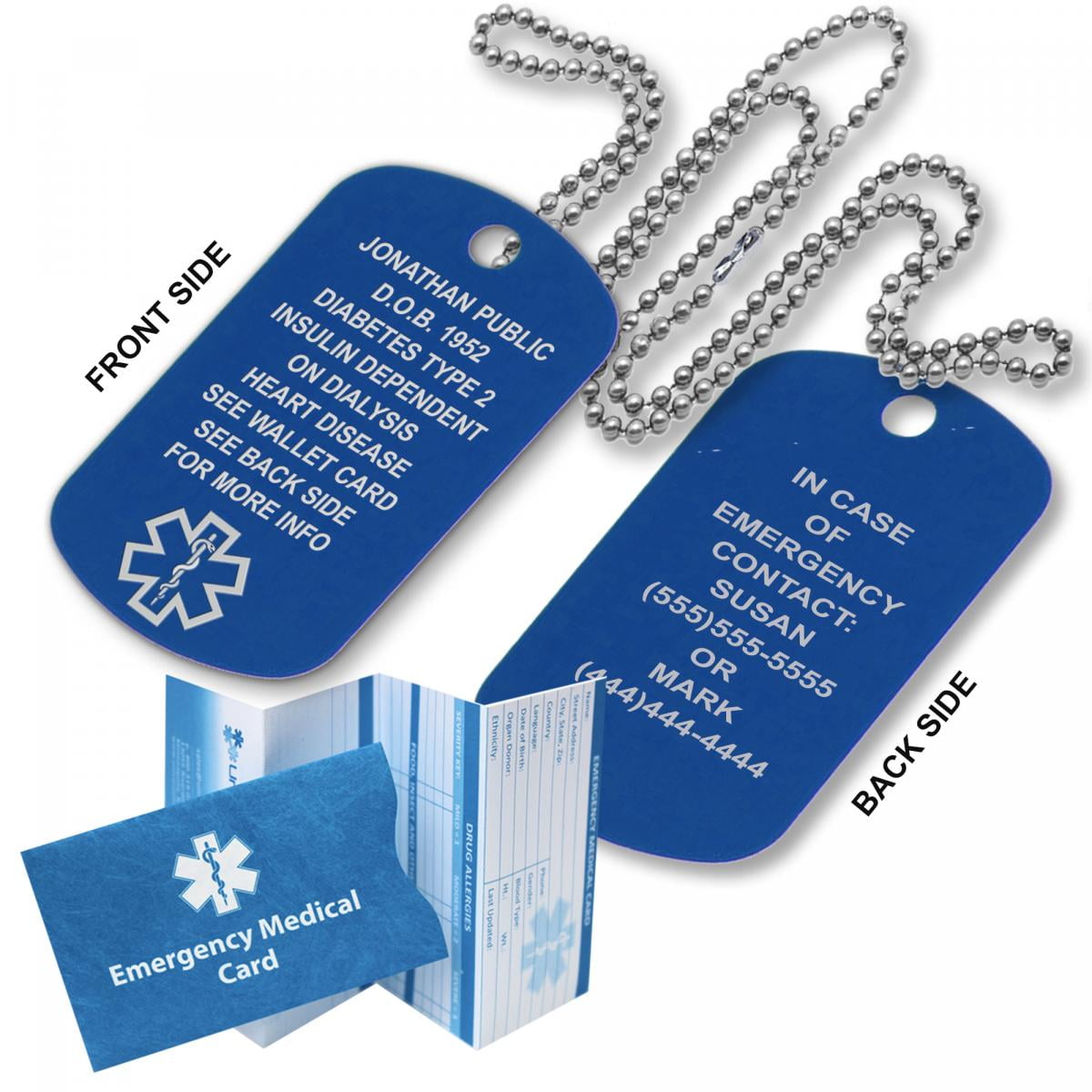 Blue Medical Alert ID Dog Tag Anodized Aluminum w. 27" Chain. Incl. 18 ...