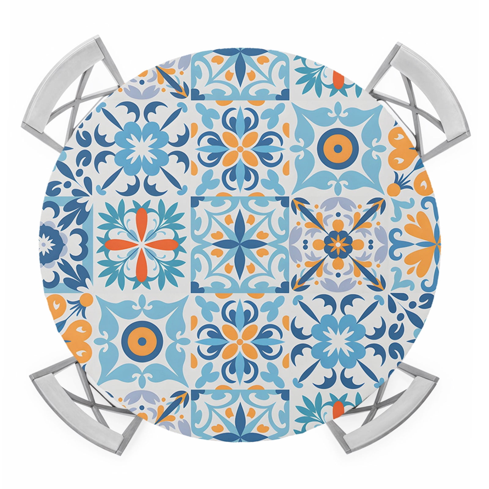 Blue Mediterranean Round Tablecloth for 45-54 Inch Tables, Fitted Table ...