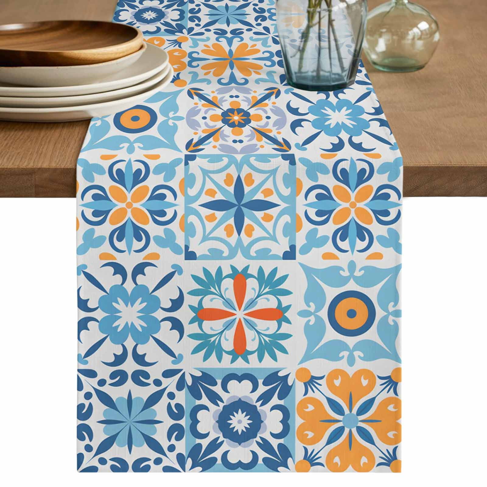 Blue Mediterranean Table Runner, Vintage Moroccan Tiles Texture ...