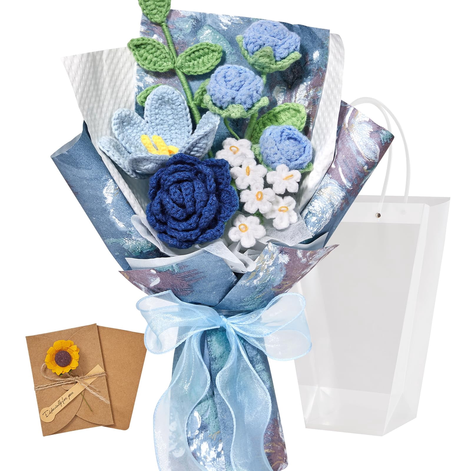 Blue Medium Crochet Flower Bouquet Handmade Knitted Roses Tulips Home ...