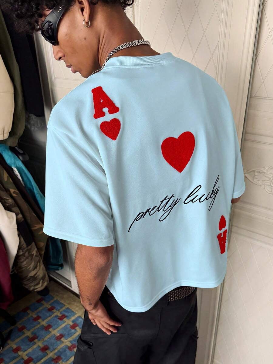 Blue Mens Embroidered Ace Of Hearts Graphic Round Neck Loose Fit Casual ...